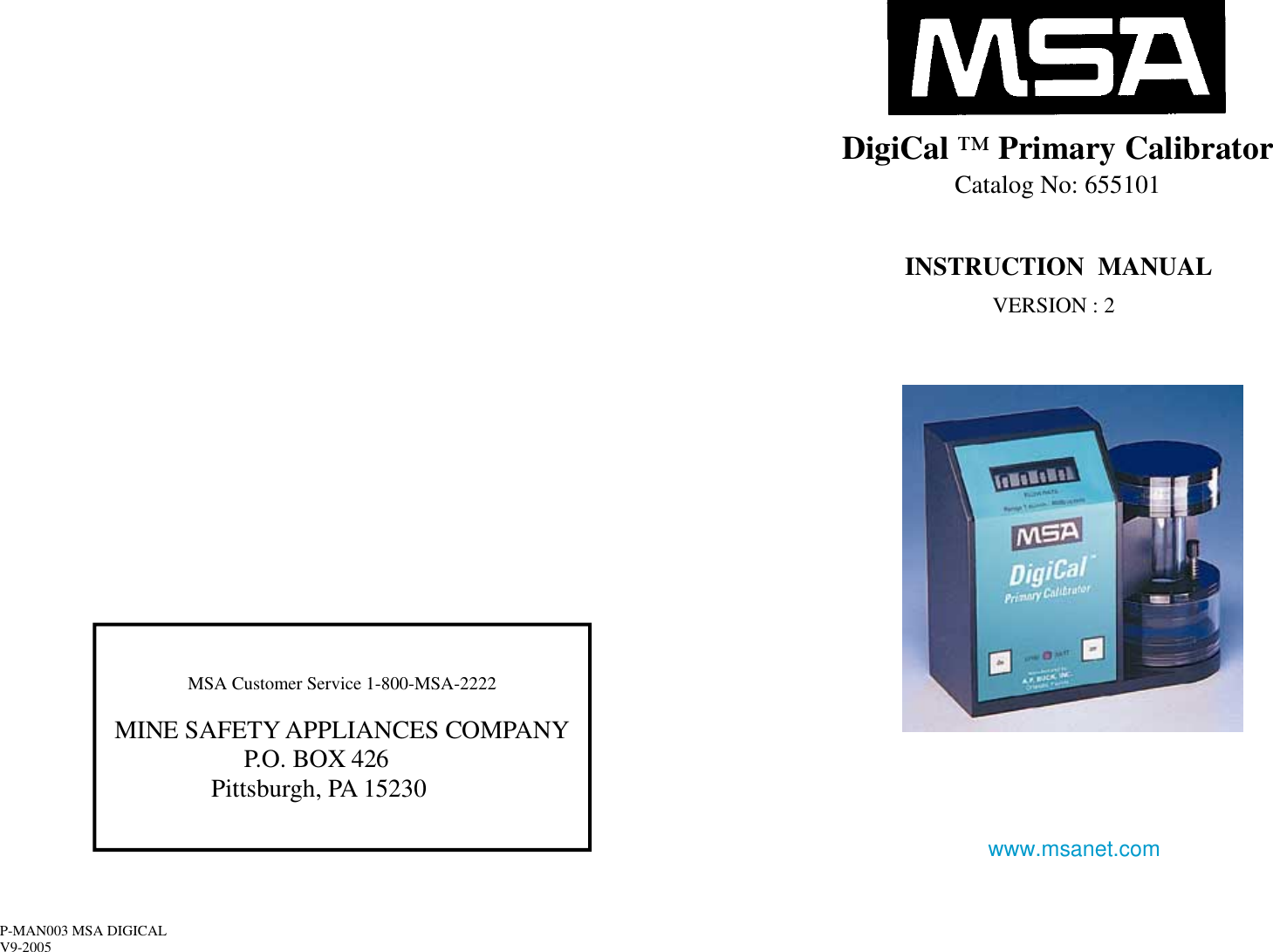 Mine Safety Appliances Msa Digical Primary Calibrator P Man003 Users ...