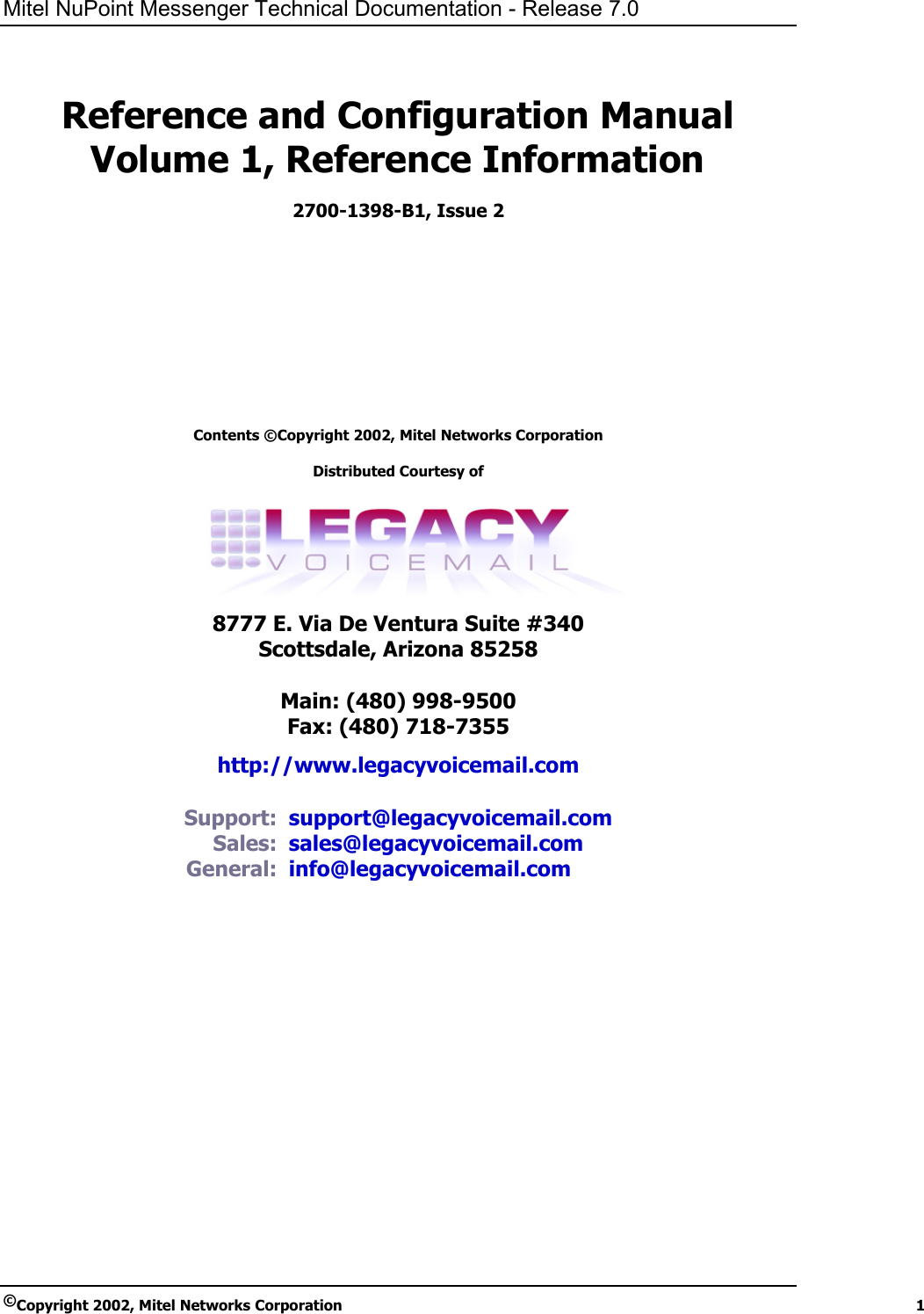 Mitel 2700 1398 B1 Users Manual NuPoint Messenger Technical Ation ...