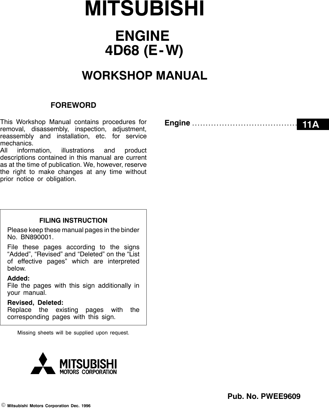 Mitsubishi Motors Automobile Parts 4D68 E W Users Manual ENGINE ...