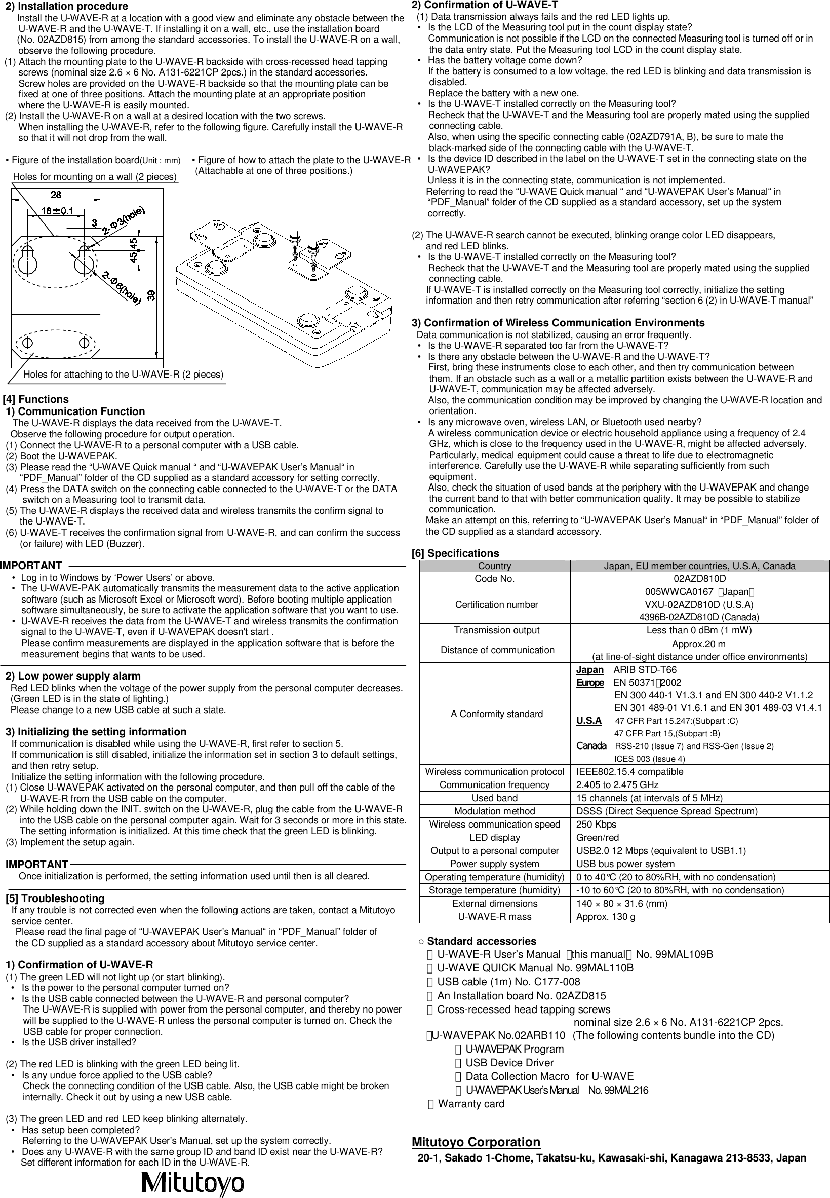 Mitutoyo 02AZD810D Wireless Communication System User Manual Manual
