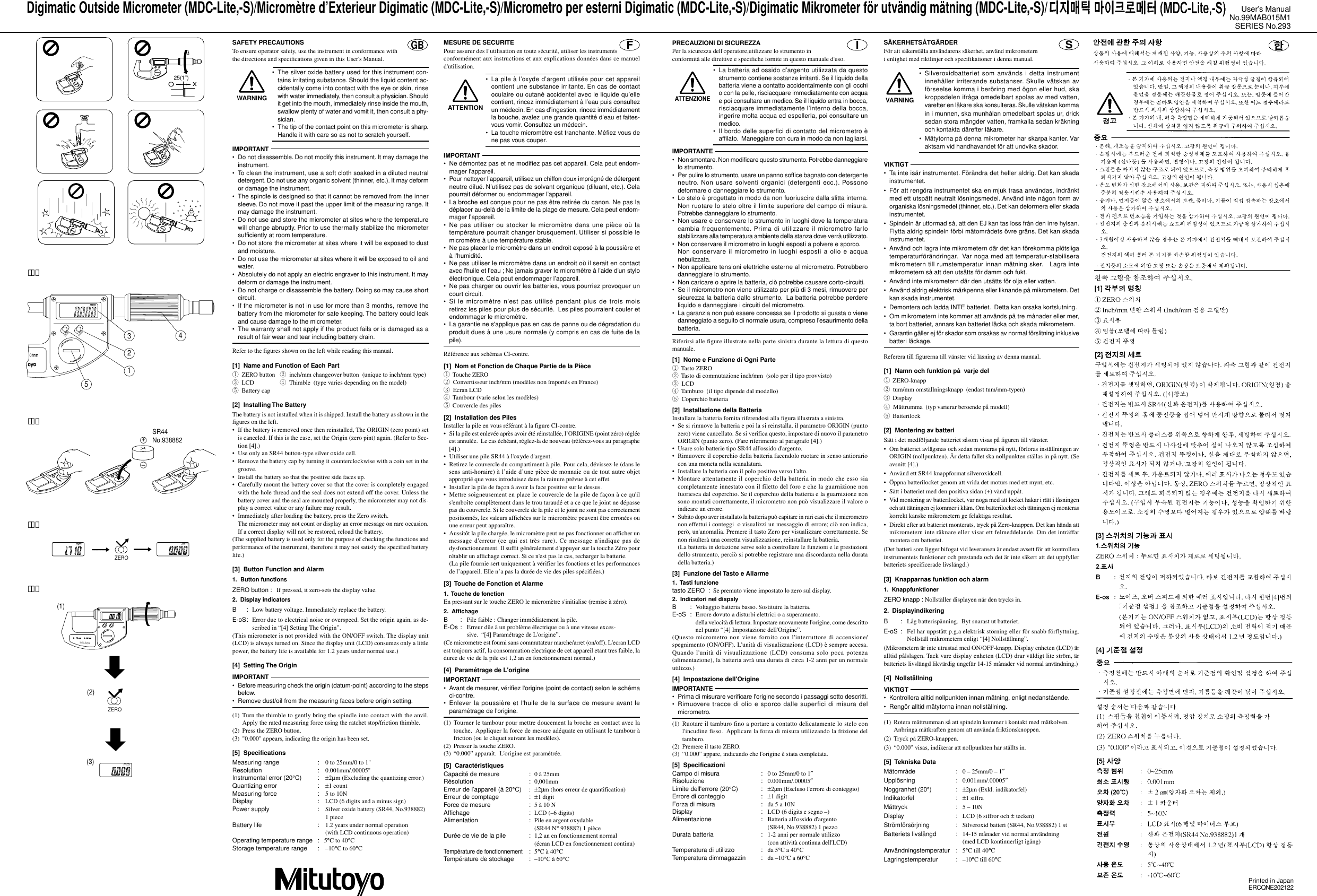 Mitutoyo Mititoyo Mdc Lite 99Mab015M1 Users Manual