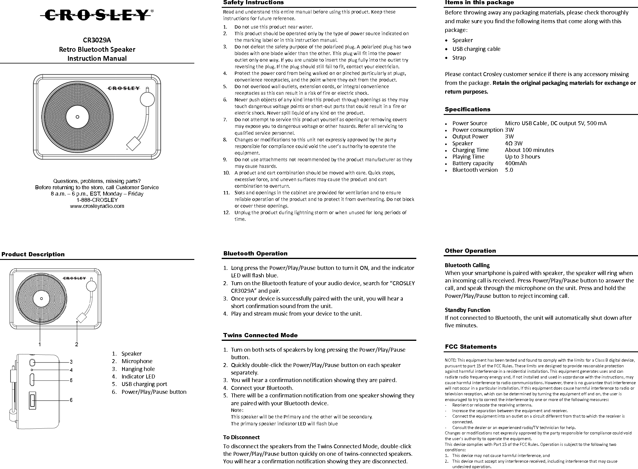 Modern Concepts CR3029A Mini Bluetooth Speaker User Manual