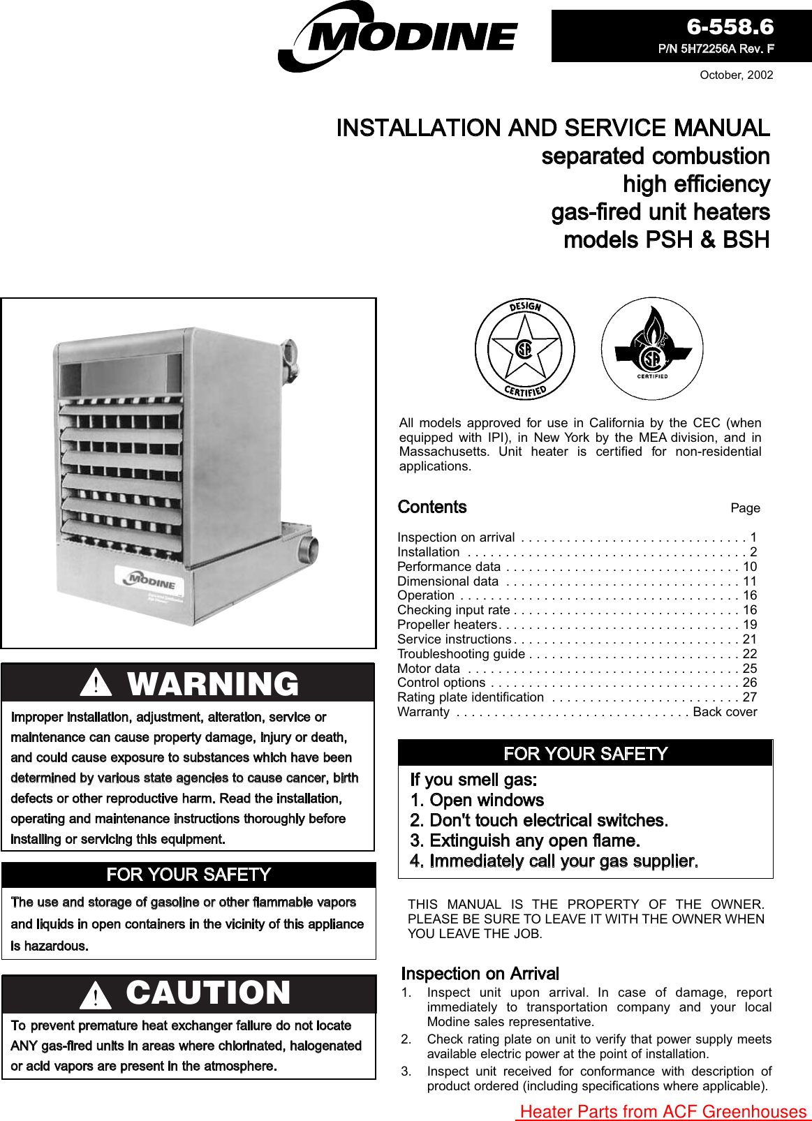 Modine Manufacturing 6 558 Users Manual Psh service