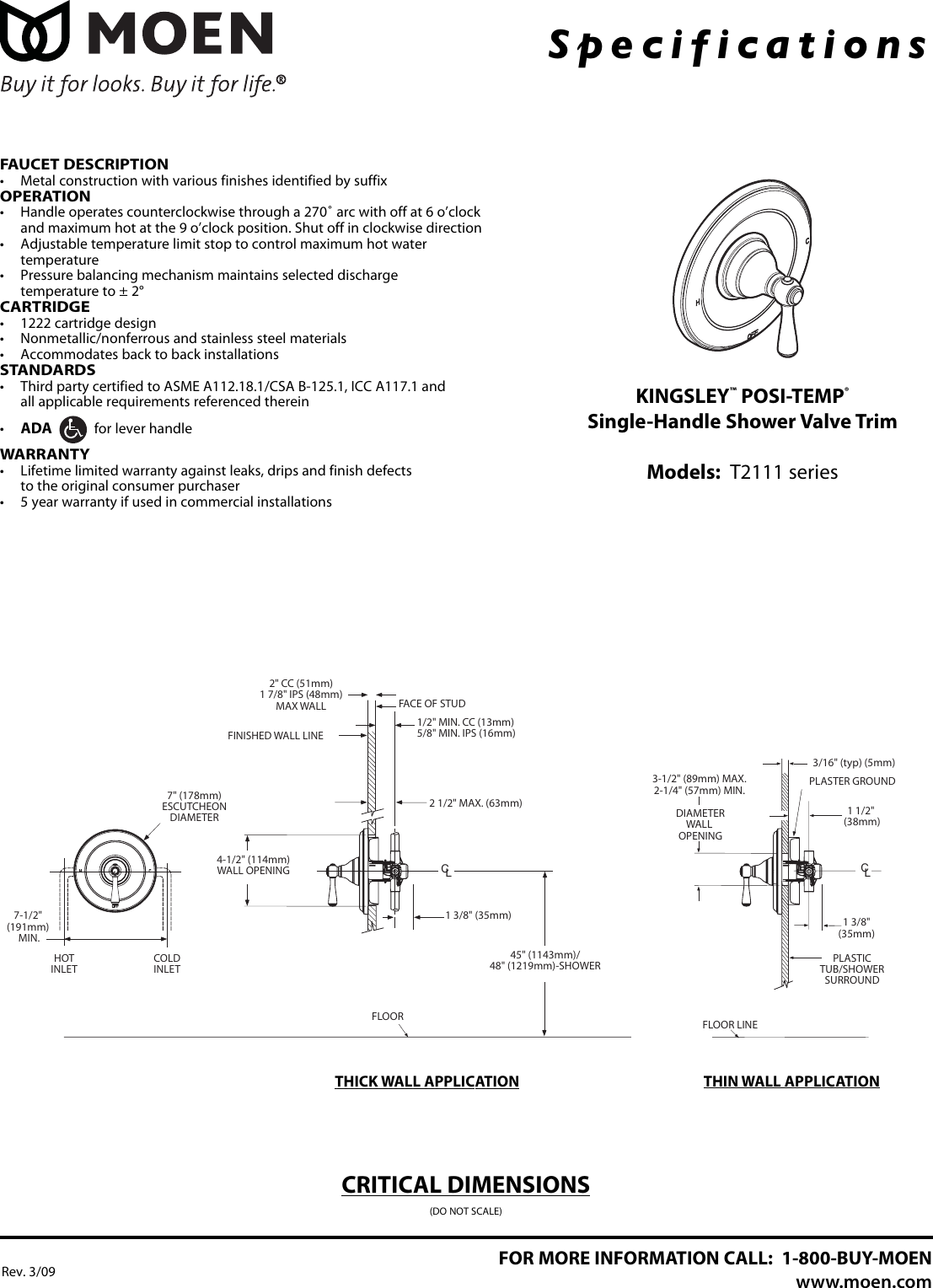 Moen Kingsley Posi Temp T2111 Series Users Manual T2111sp