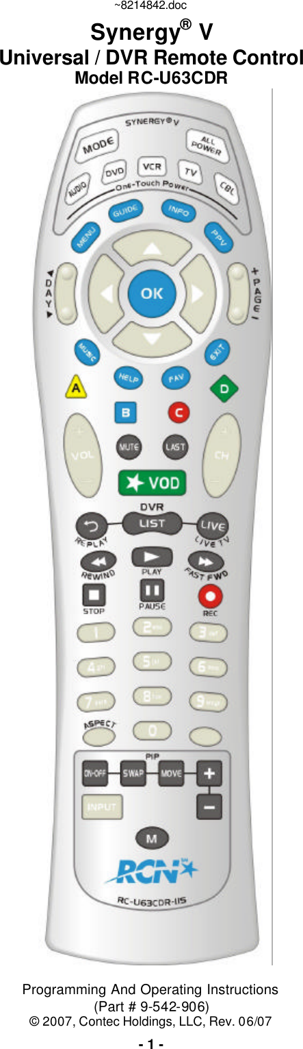 Motorola Universal Remote Rc U63Cdr Users Manual ~8214842