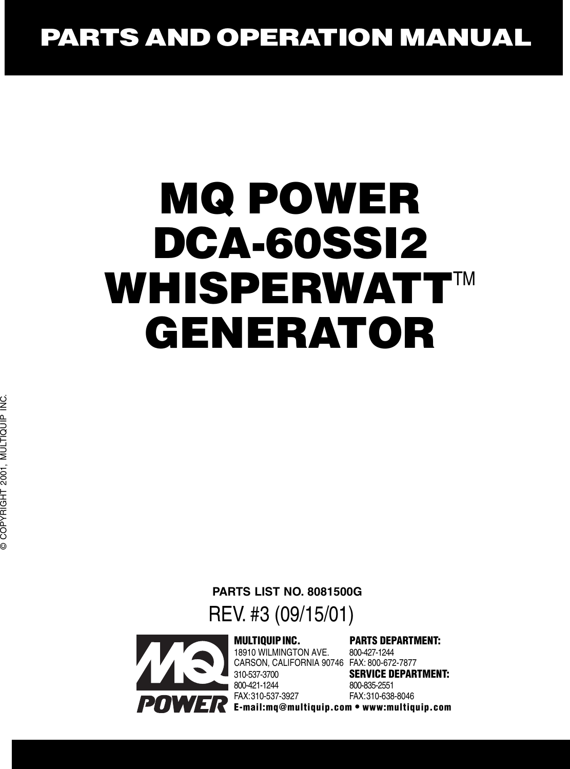 Multiquip Mq Power Whisperwatt Generator Dca 60Ss12 Users Manual