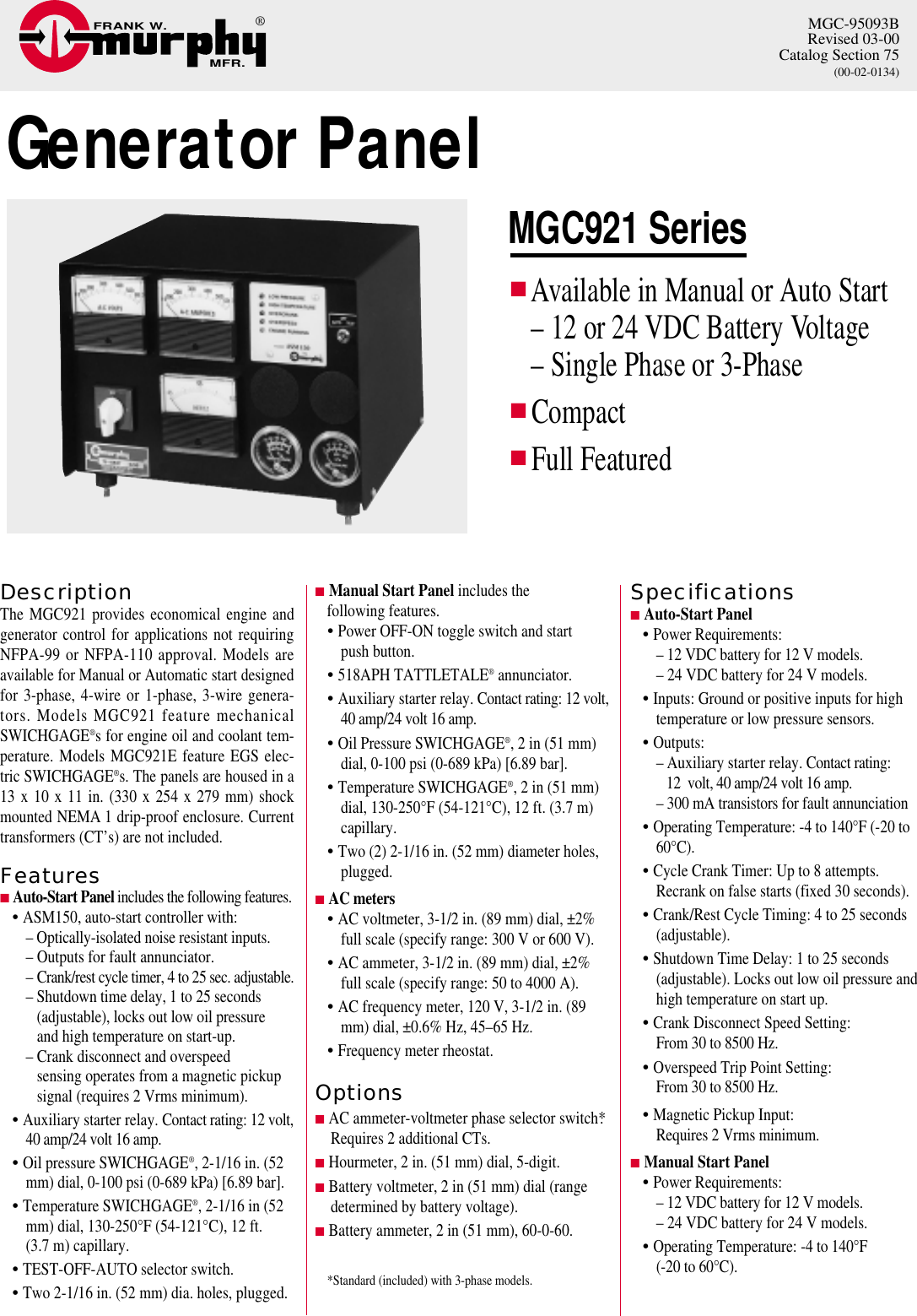 Murphy Generator Panel Mgc921 Series Users Manual