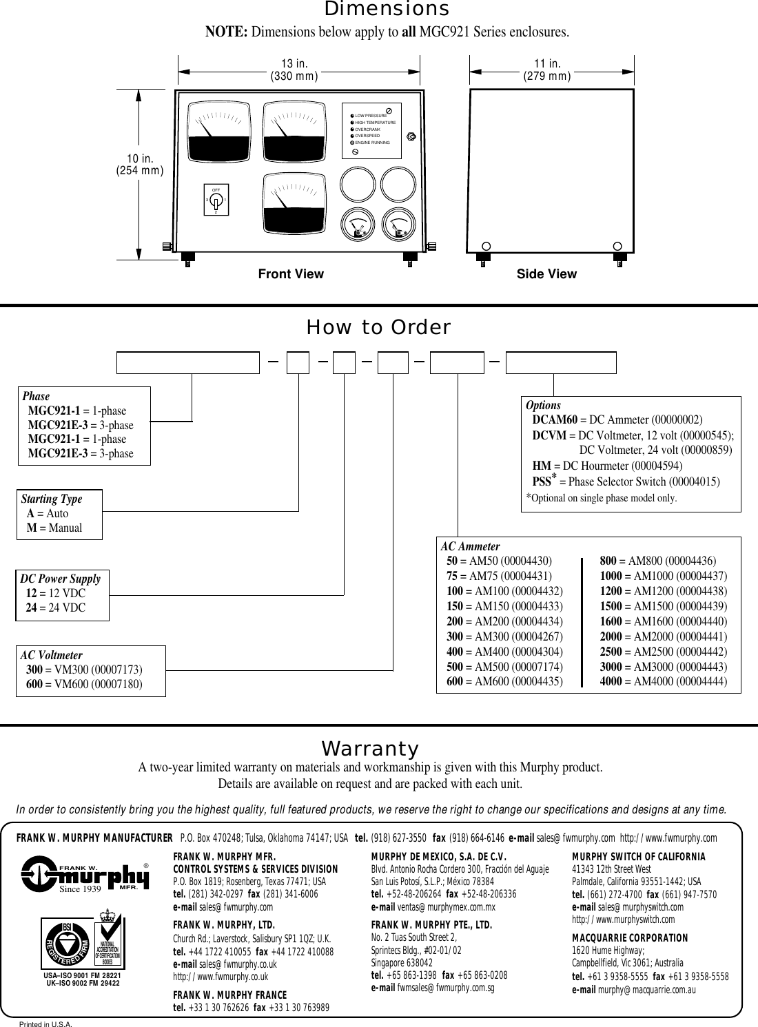 Murphy Generator Panel Mgc921 Series Users Manual