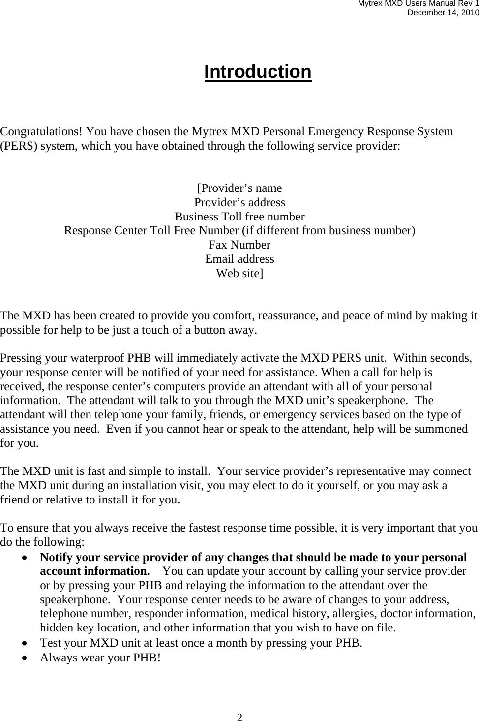Mytrex RA3TX Remote pendant for healthcare system User Manual
