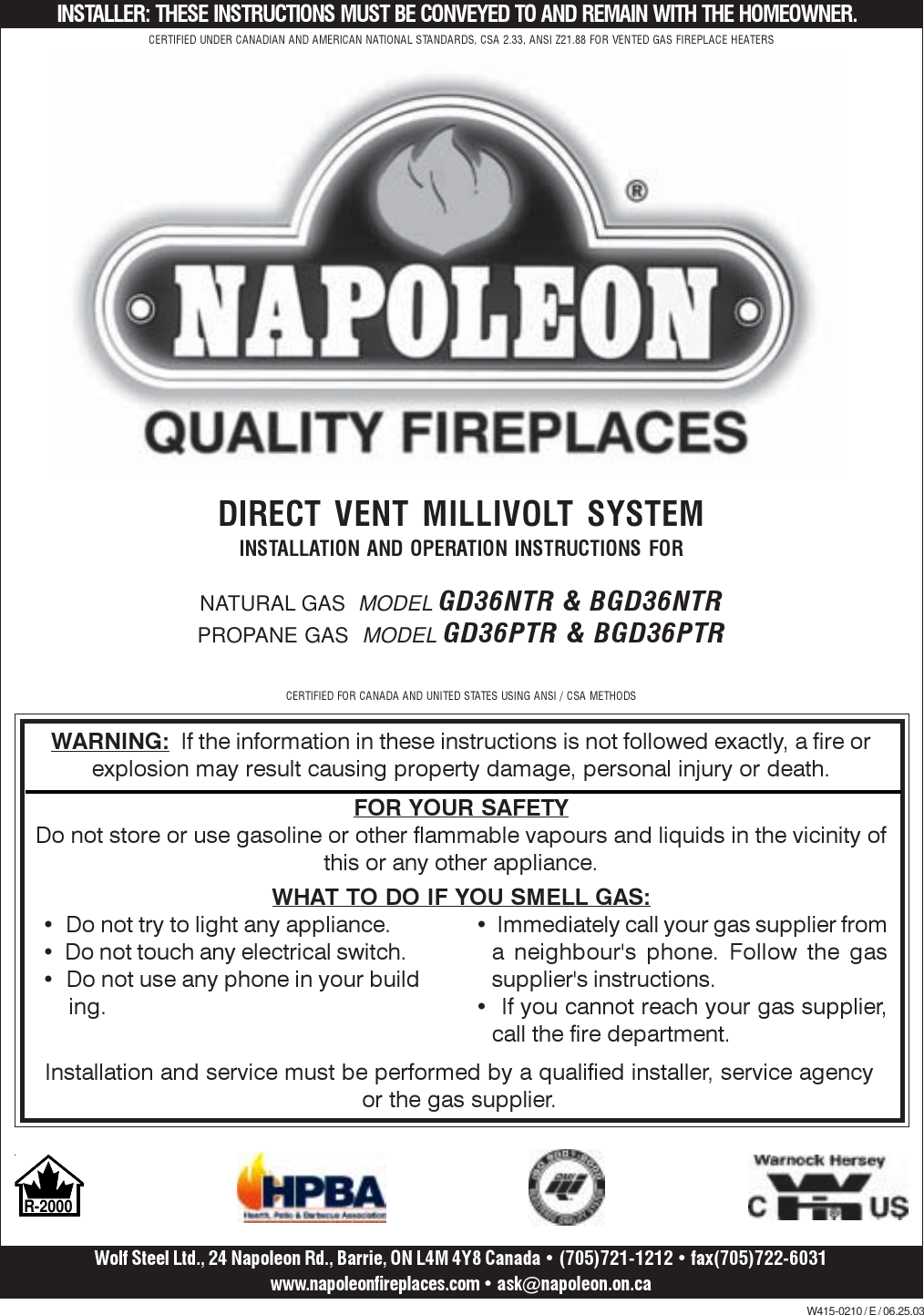 Napoleon Fireplaces Bgd36Ntr Users Manual W415 0210