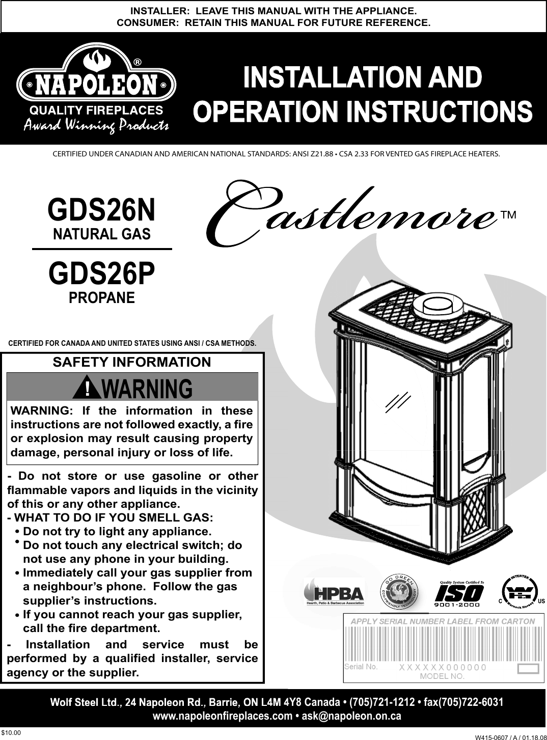 Napoleon Fireplaces Castlemore Gds26N Users Manual W415 0607_GDS26_Ae