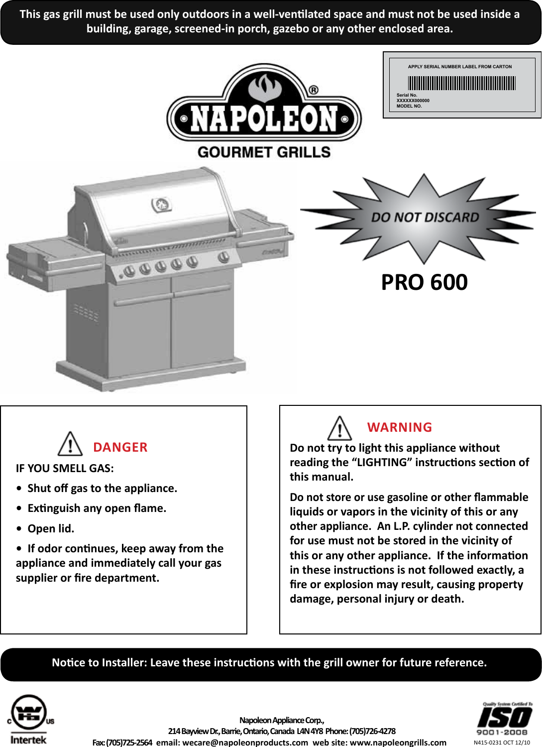 Napoleon Grills Pro 600 Users Manual