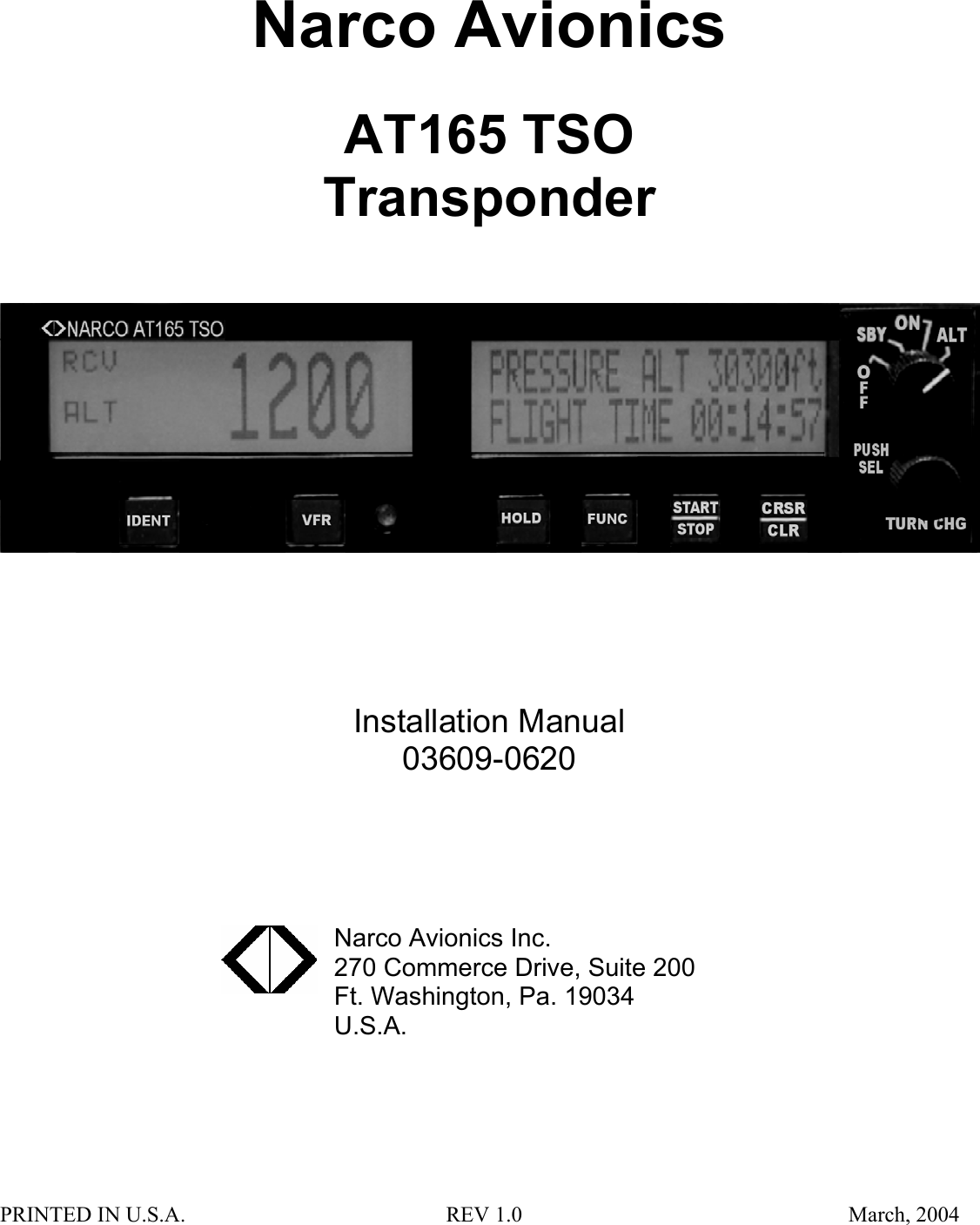 Narco Avionics AT165 Aviation Transponder User Manual 423141