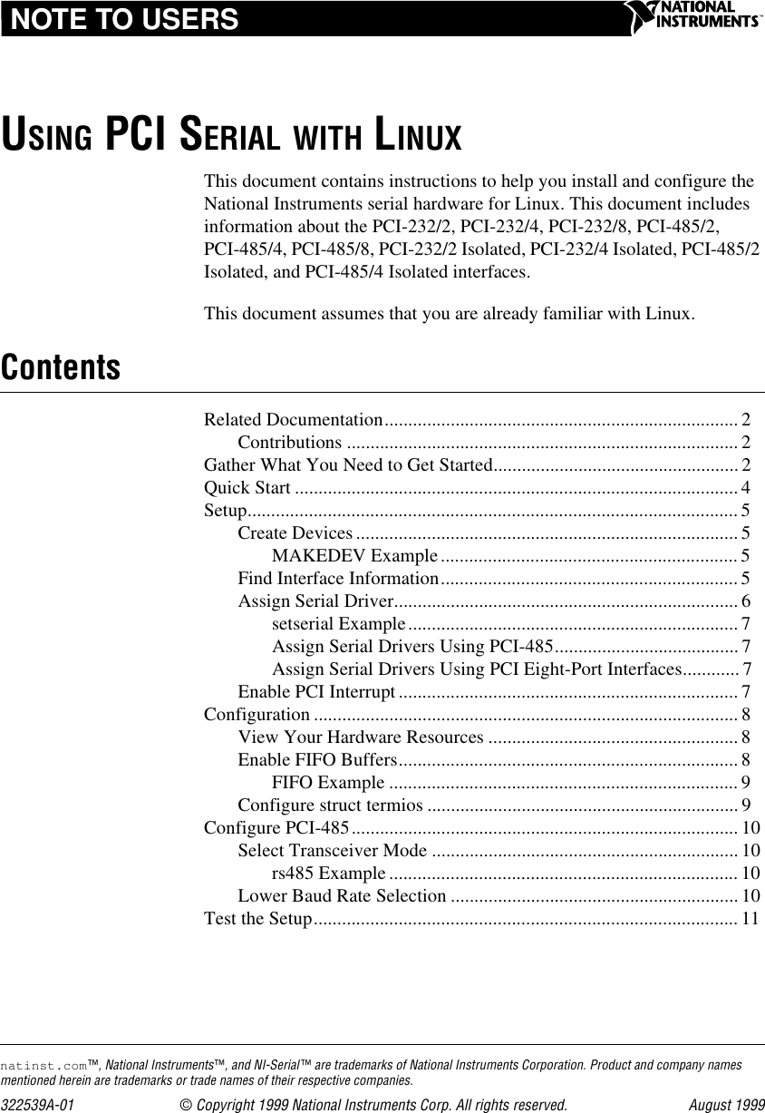 National Instruments Pci Serial And 485 4 Isolated Users Manual Using With Linux