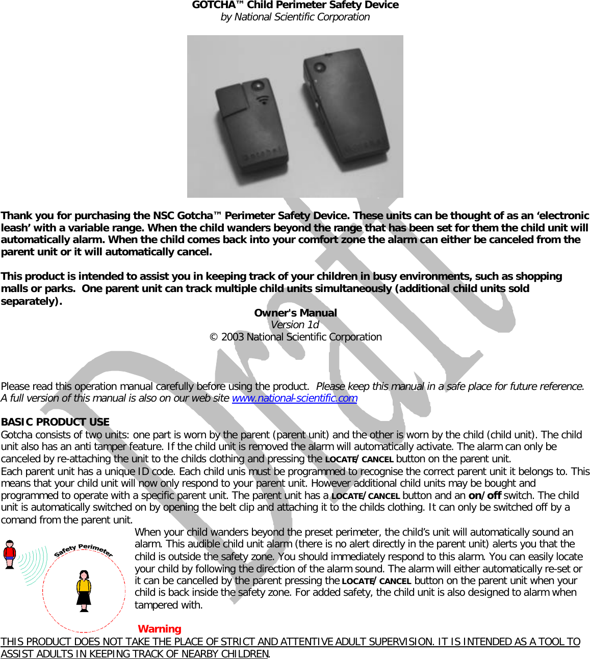 National Scientific 703 Child Perimerter Safety Device User Manual Gotcha