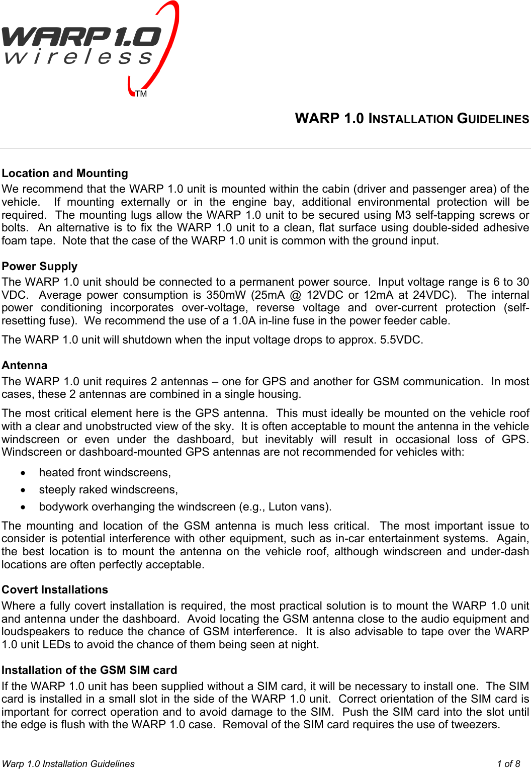 Navigational Sciences WP0100NS WARP 1.0 GSM Tracking Module User Manual ...