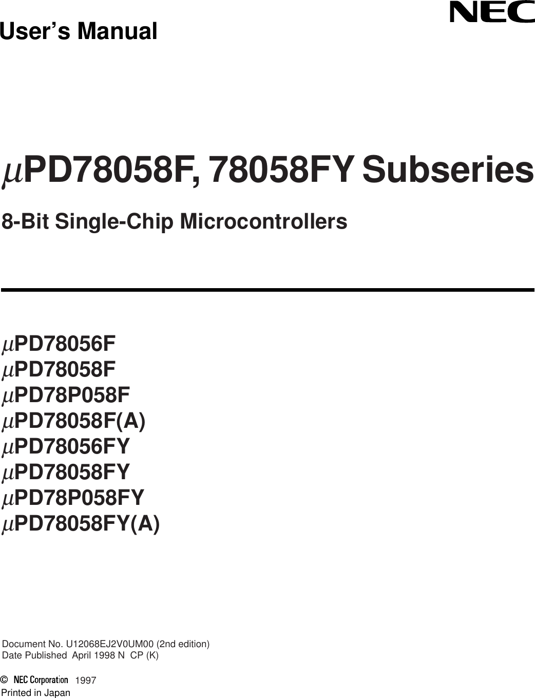 Nec Pd78056F Users Manual UPD78058F, 78058FY Subseries 8 Bit Single Chip Microcontrollers UM