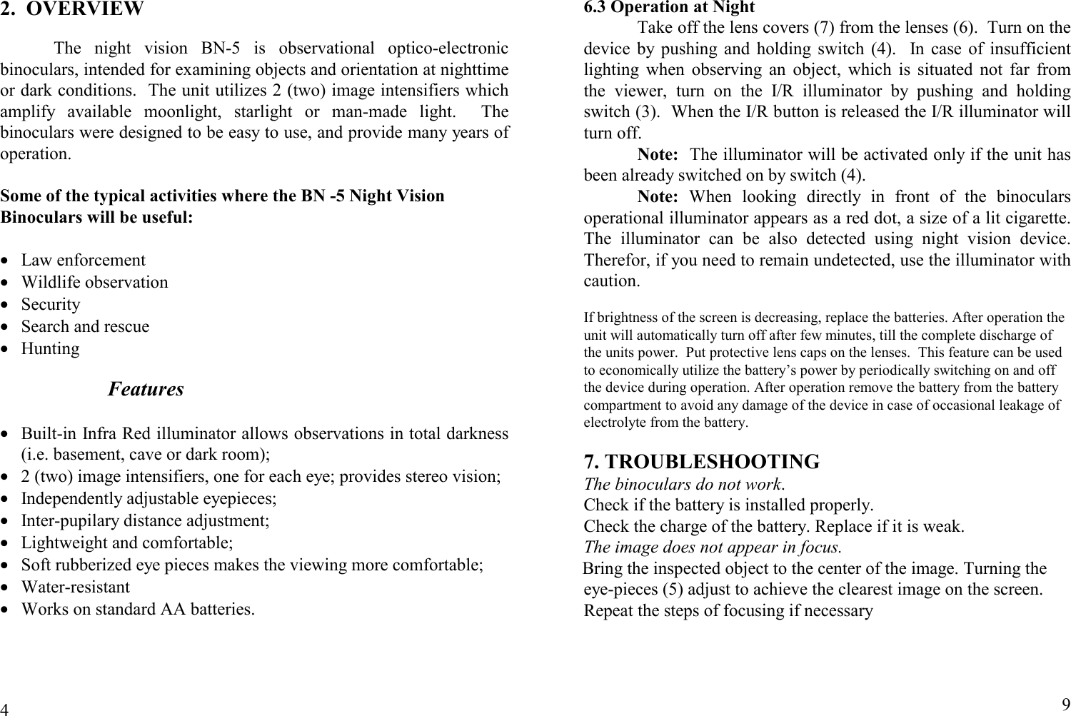 Newcon Optik Bn 5 Users Manual OPERATION