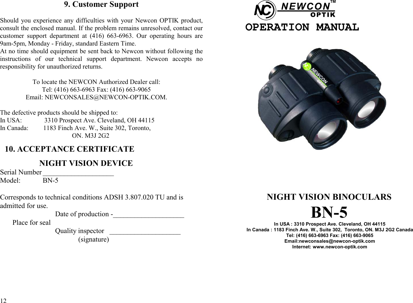 Newcon Optik Night Vision Bn5 Users Manual Bn 5