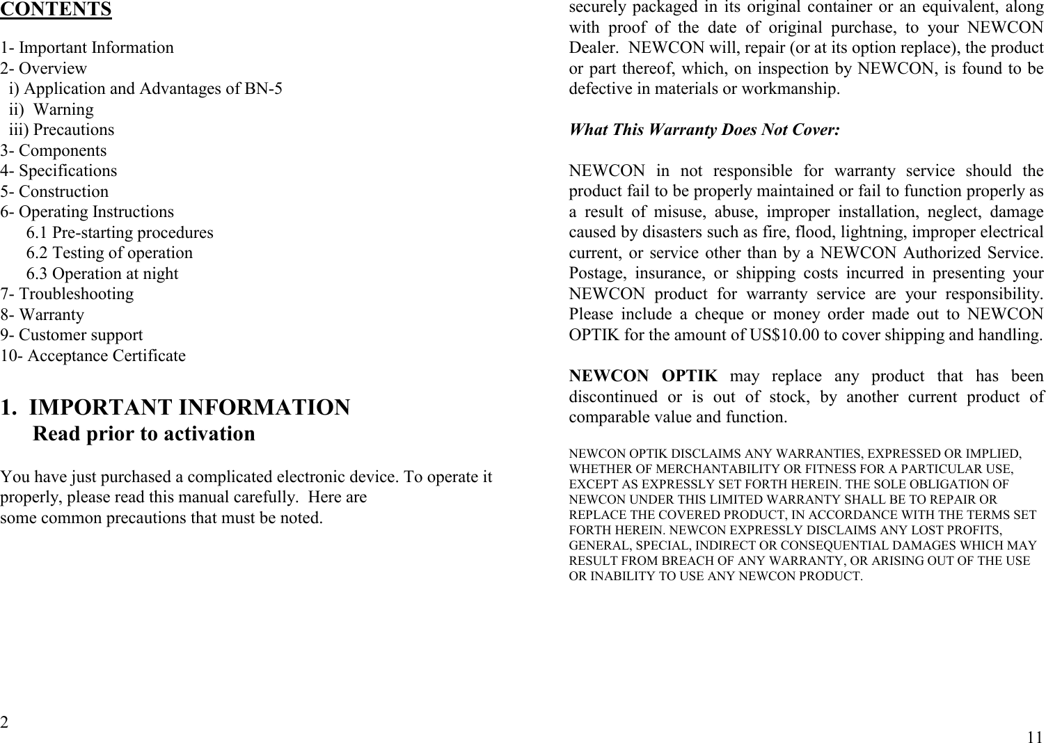 Newcon Optik Night Vision Bn5 Users Manual Bn 5