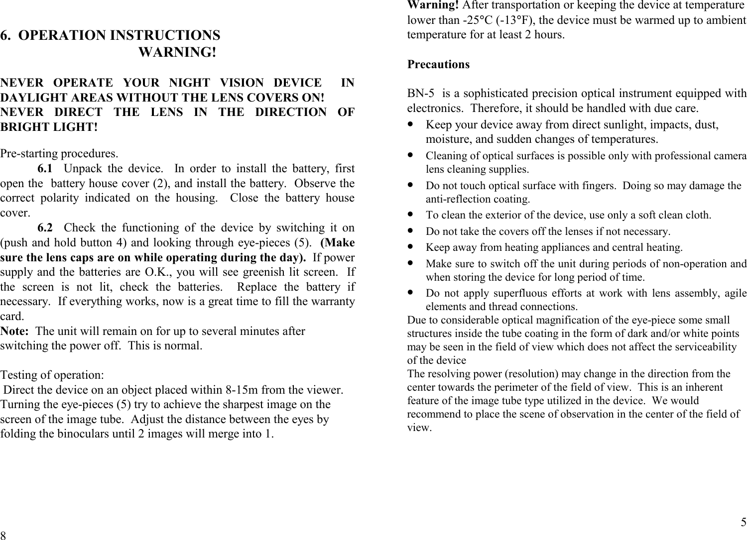 Newcon Optik Night Vision Bn5 Users Manual Bn 5