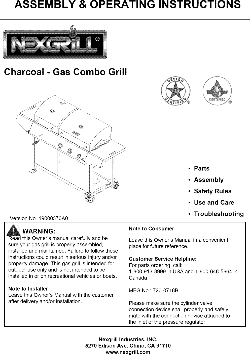 Nexgrill 720 0718B User Manual GAS GRILL Manuals And Guides 1203438L