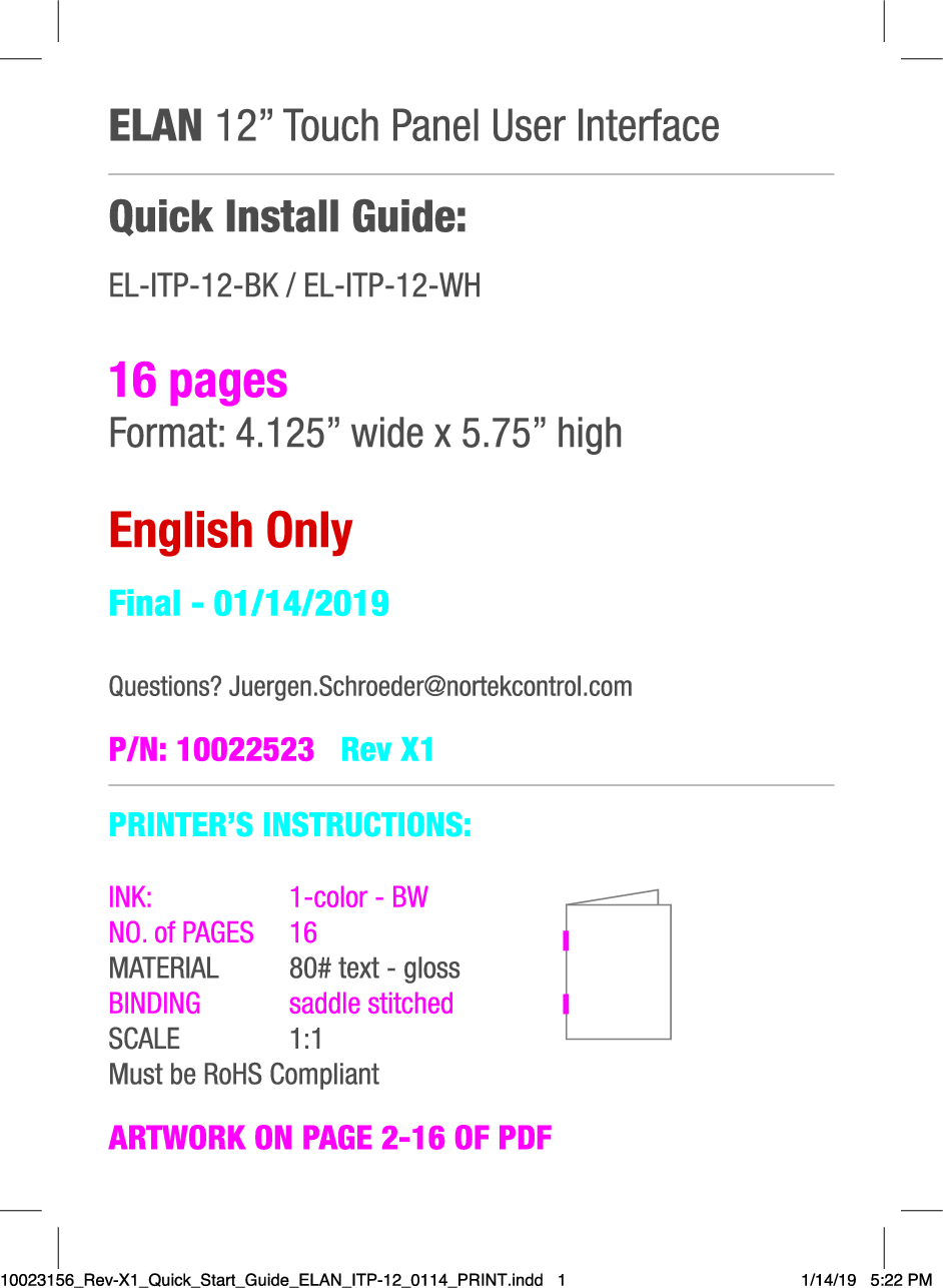 Nice North America 00183 ELAN 12 Inch Touch Panel User Interface User Manual
