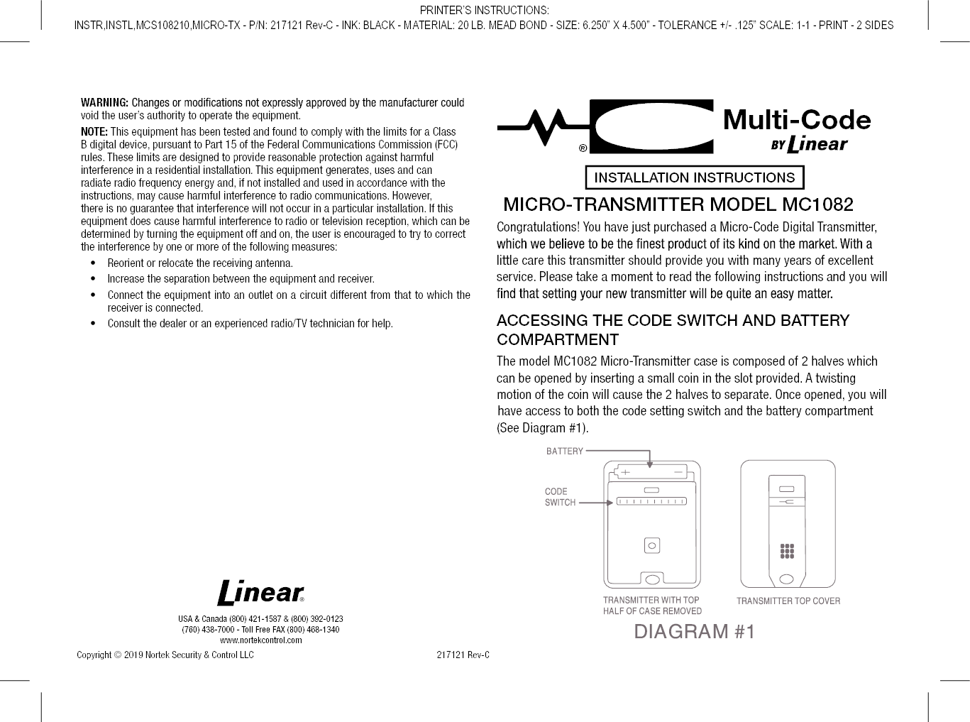 Nice North America 00193 MICRO-TRANSMITTER User Manual Microcode 307010 ...