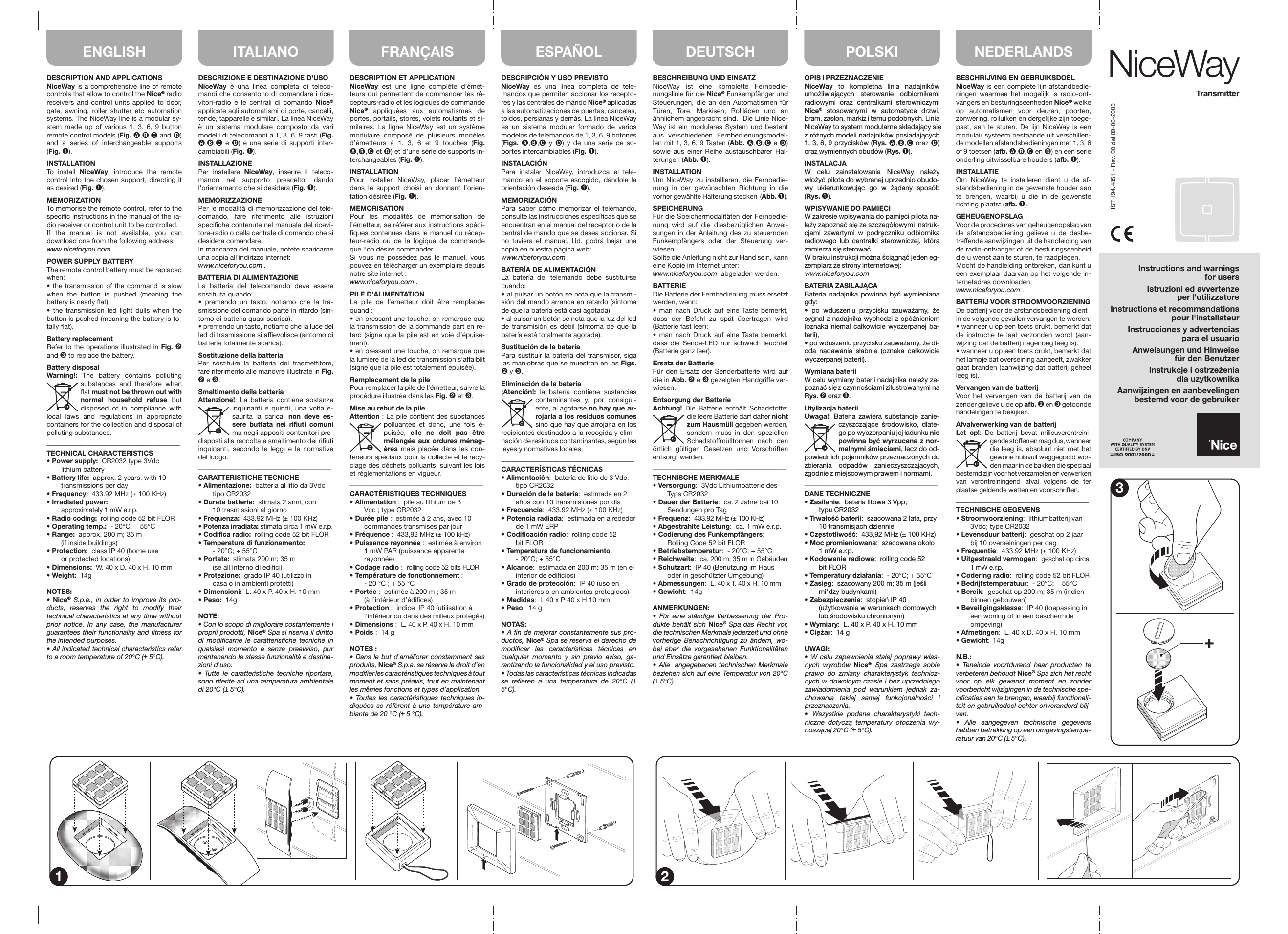 Nice S p A 433NW Remote Control User Manual Esec FRONTE ai
