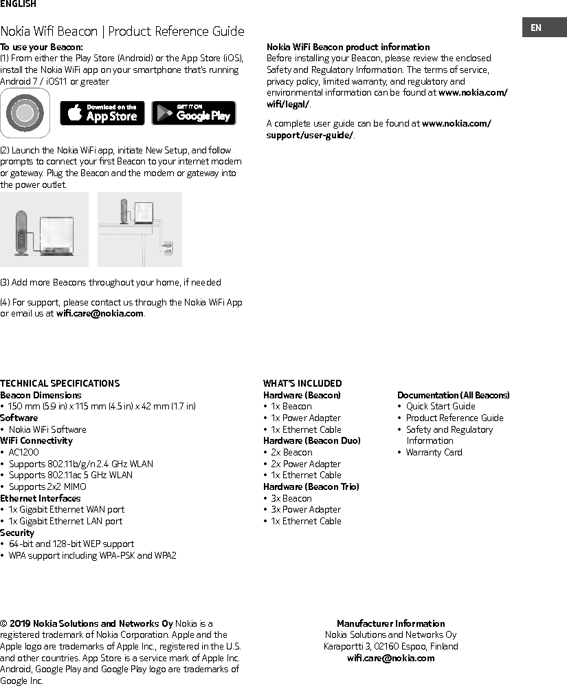 Nokia Bell HA020WB Nokia Wi-Fi Beacon User Manual