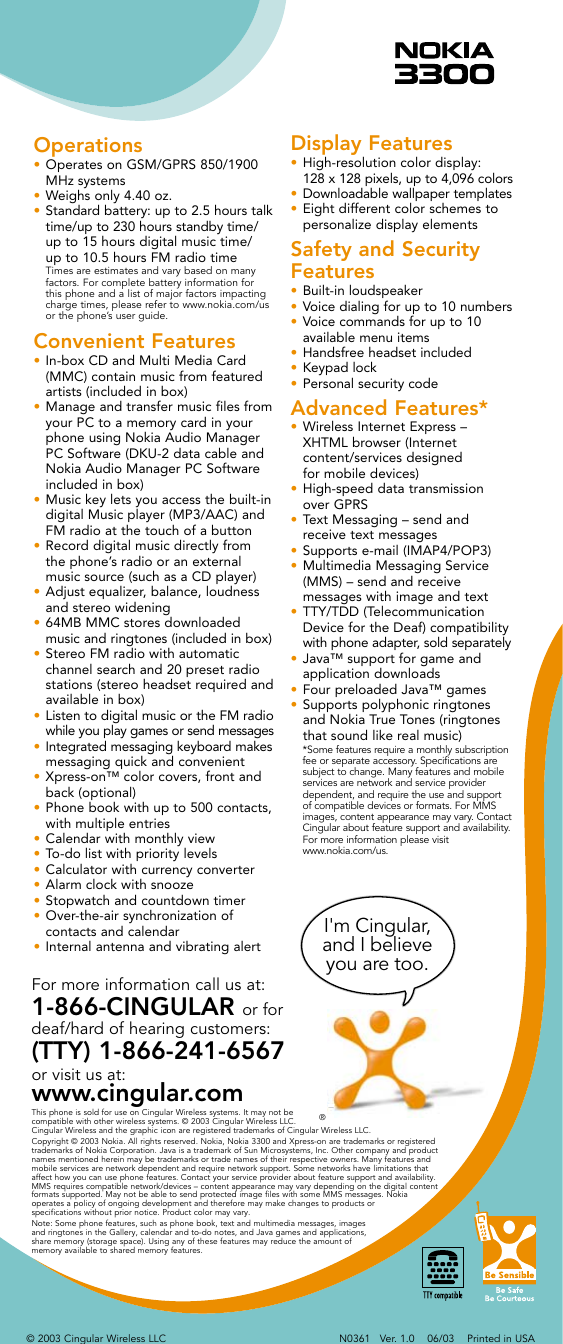 Nokia 3300 Users Manual NK307 Cingular SS