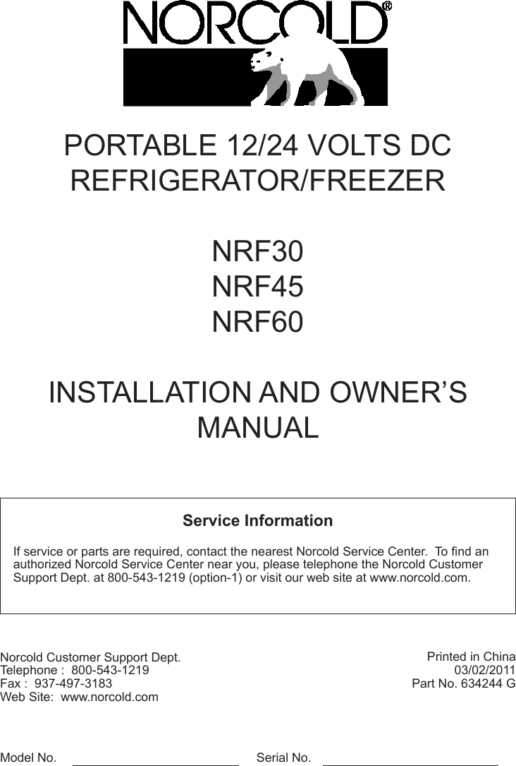 Norcold Ac Dc Refrigerator Freezer Nrf30 Users Manual
