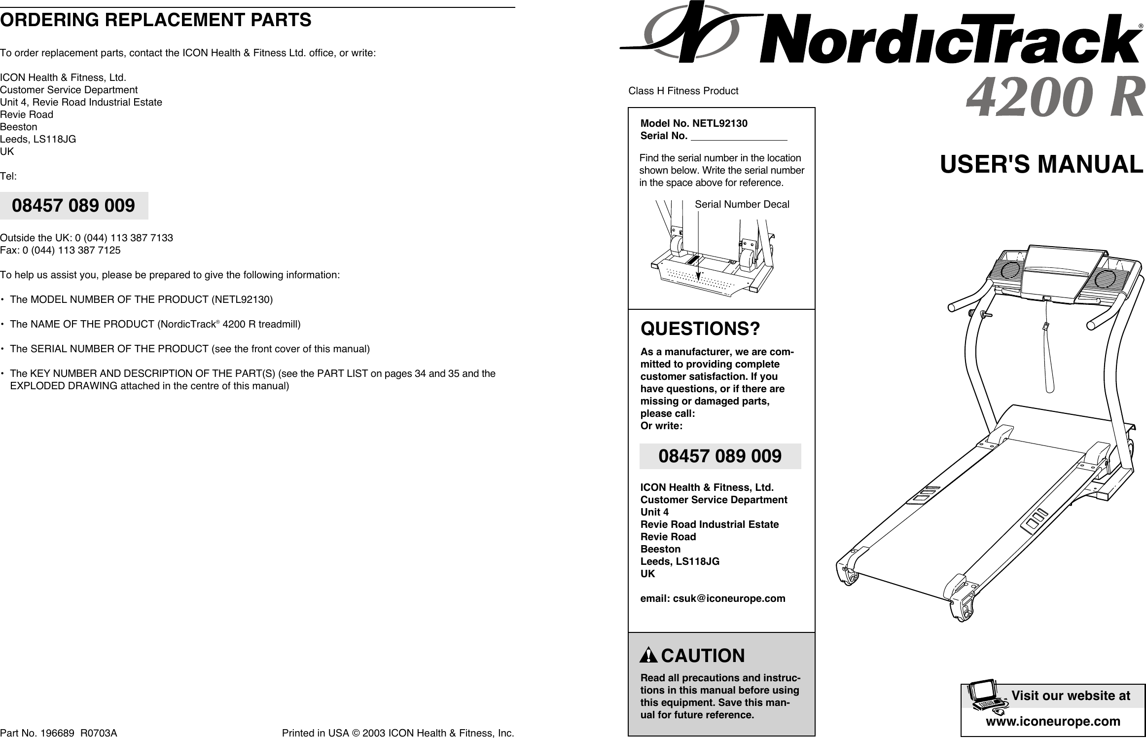 NordicTrack 4200 R *NETL92130 196689(UK) User Manual To The 43d4c924 522b 441e 8bc7 b064831e9322