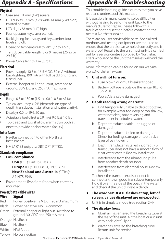 Northstar Navigation Depth Instrument Explorer D310 Users Manual
