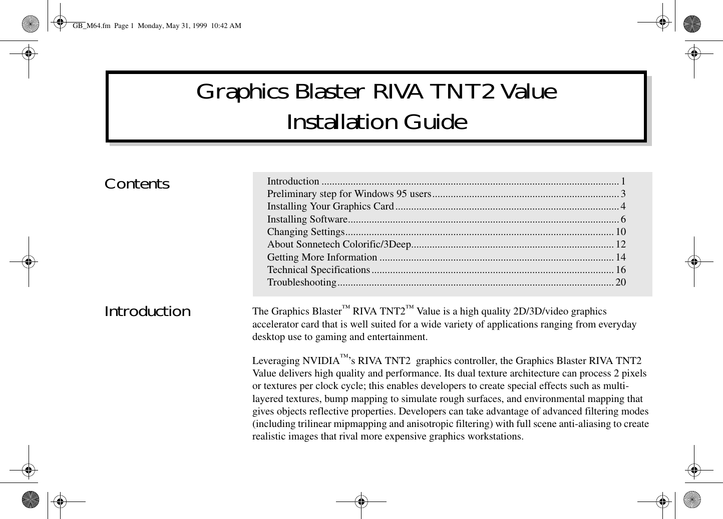 Nvidia Creative Graphics Blaster Riva Tnt2 Users Manual