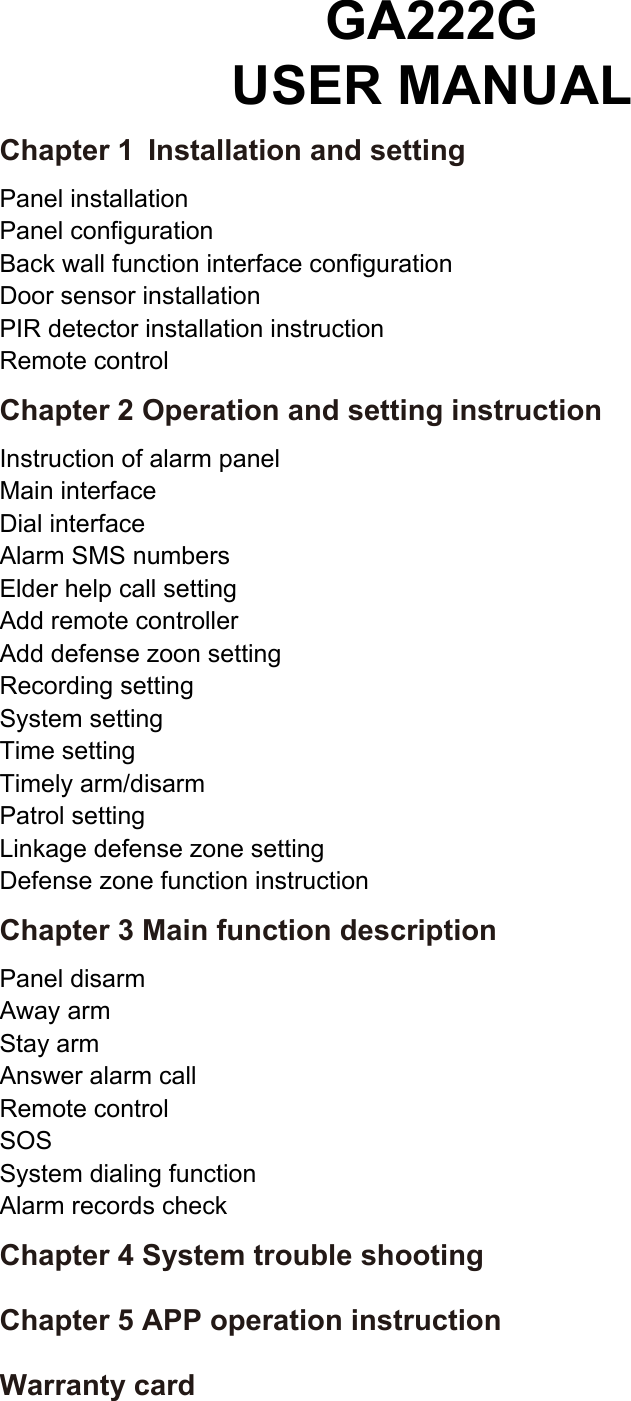 OAK ELECTRONIC TECH GA222G ALARM SYSTEM User Manual GA222G