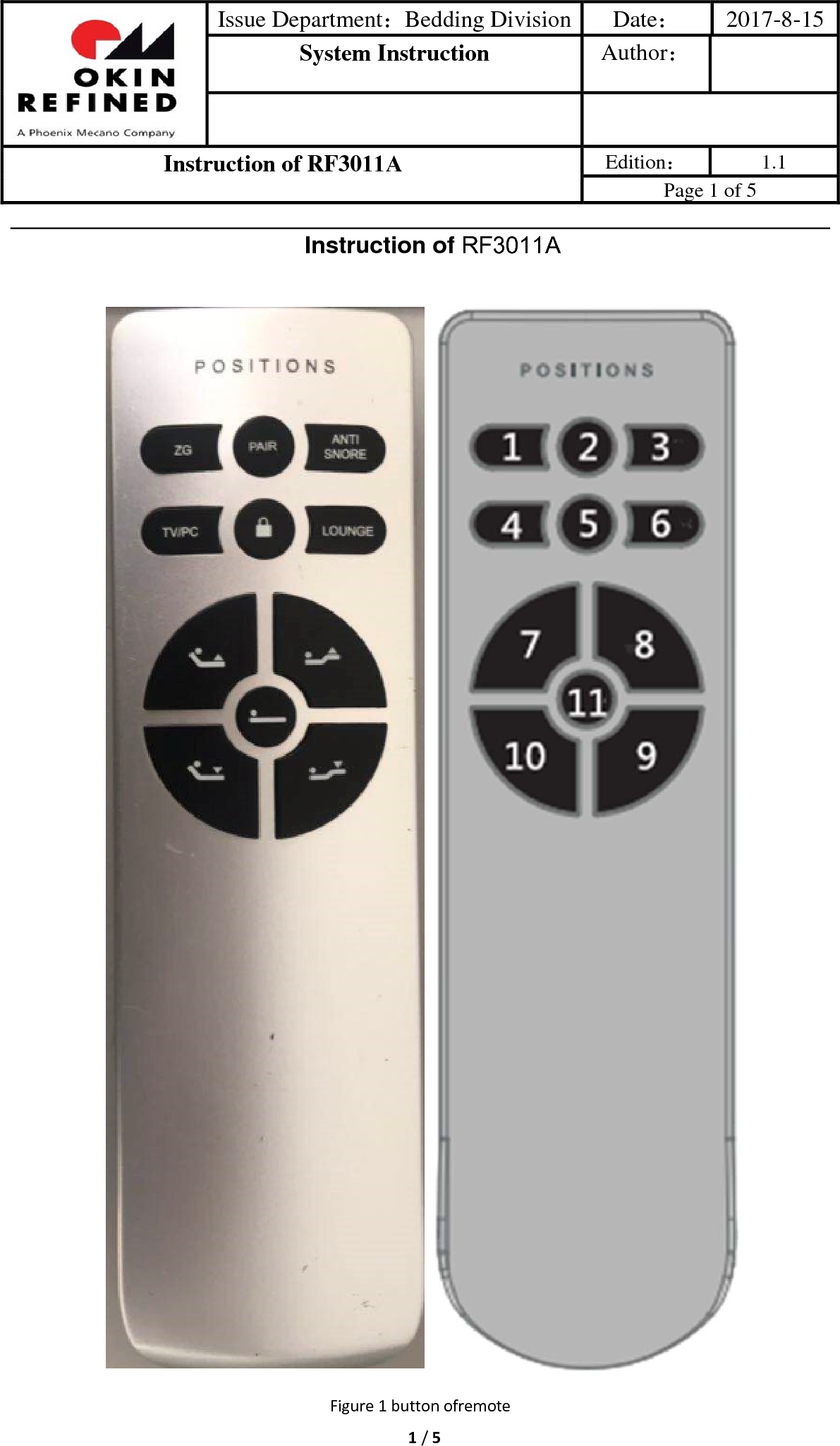 OKIN Refined Electric Technology RF3011A Remote Control User Manual