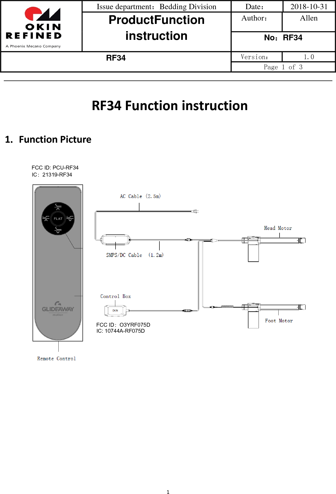 OKIN Refined Electric Technology RF34 Remote Control User Manual RF3405 ...