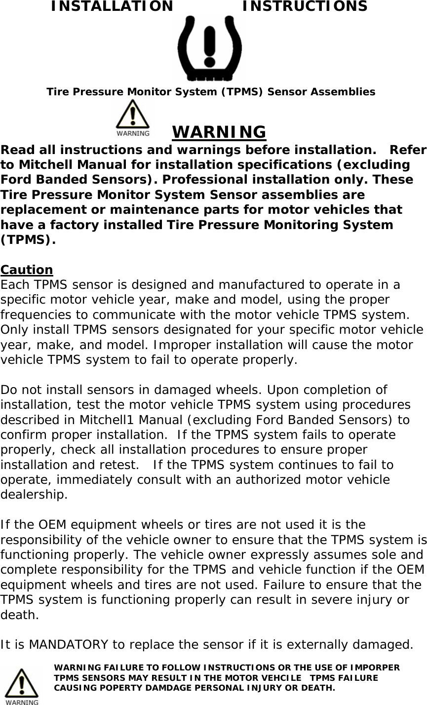 ORO TEK OERSX1CEB TPMS User Manual