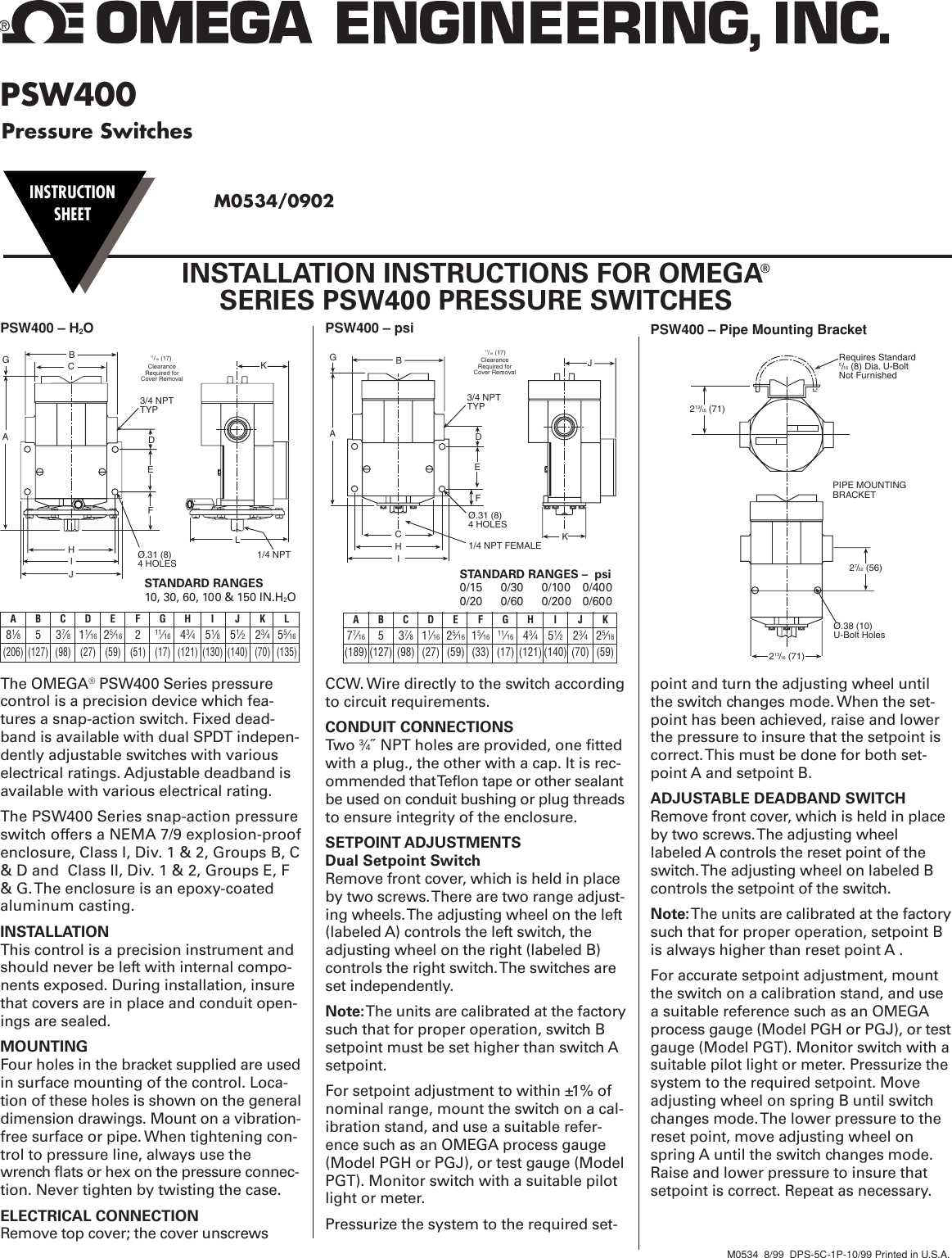 Omega Engineering Psw400 Users Manual Pressure Switches