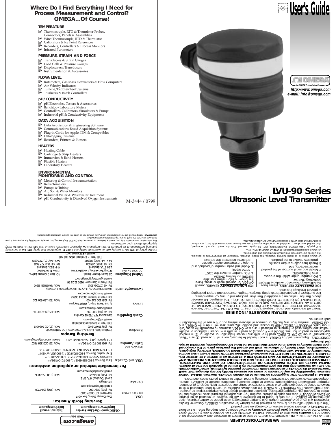 Omega Engineering Ultrasonic Level Transmitter Lvu 90 Users Manual