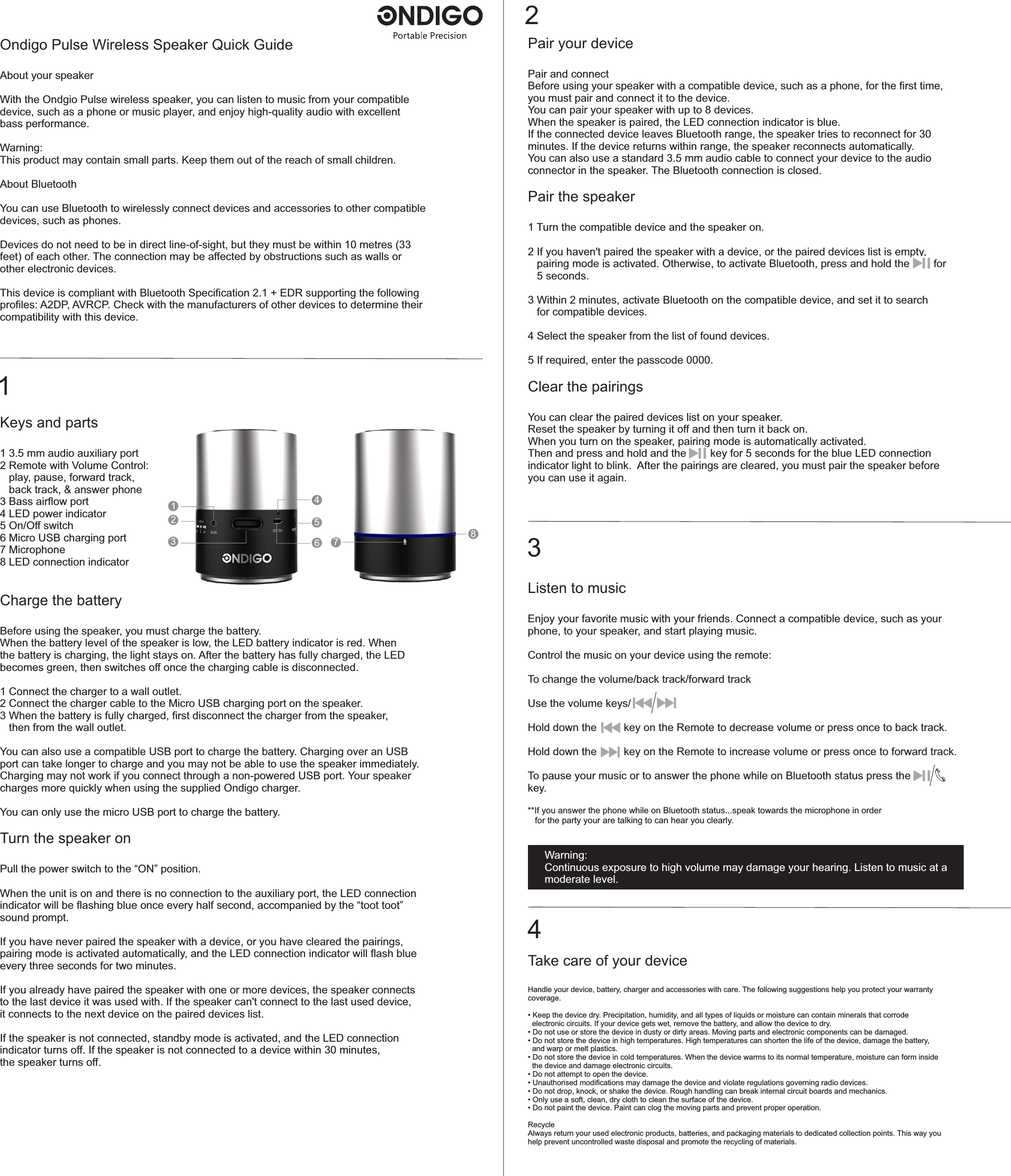 Ondigo 1OND7857301 Bluetooth Speaker User Manual Ondigo Pulse