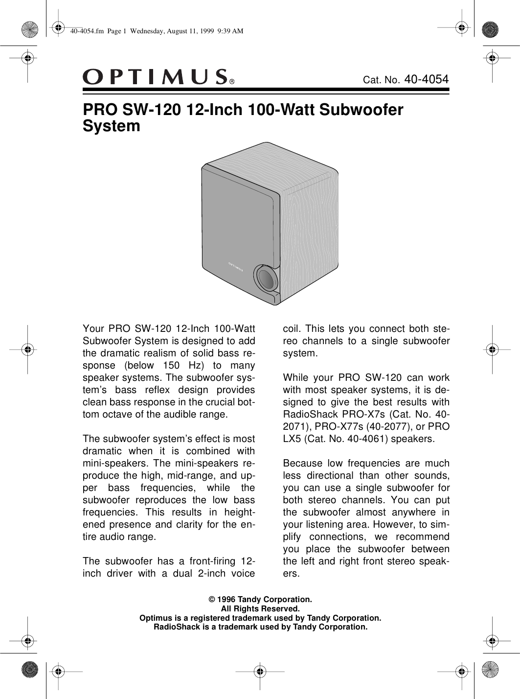 Optimus Pro Sw 120 Users Manual 40 4054