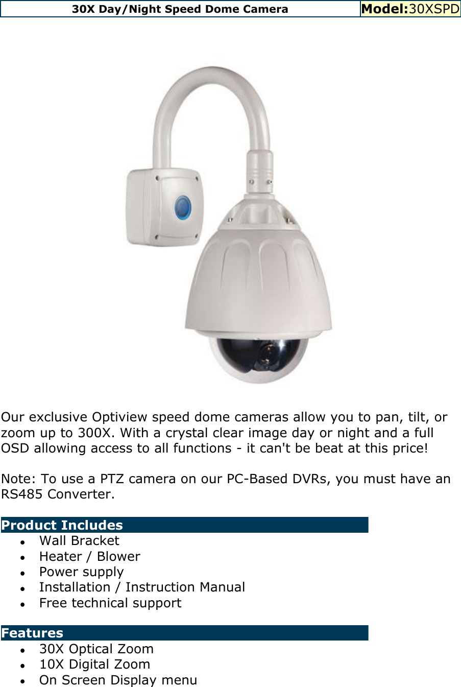 Optiview 30Xspd Users Manual 30X Day/Night Speed Dome Camera