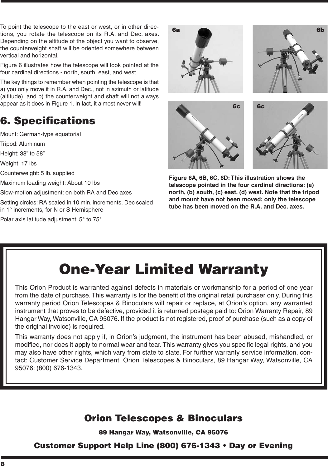 Orion Eq 2 Equatorial Mount 9828 Users Manual