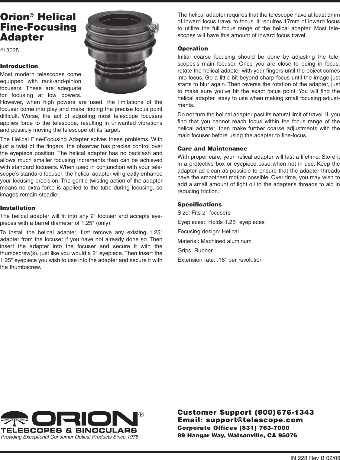 Orion Helical Fine Focusing Adapter 13025 Users Manual