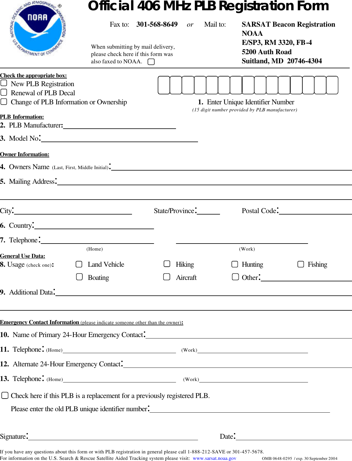 Orolia KANNADXS3GPS Kannad 406 PLB User Manual PLB Form
