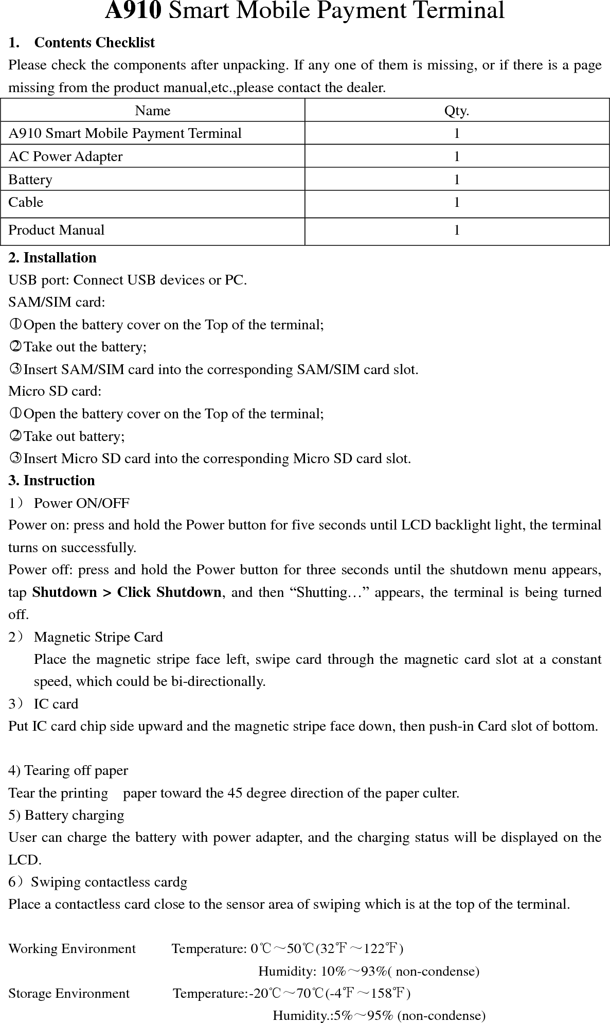 PAX Technology A910 Smart Mobile Payment Terminal User Manual