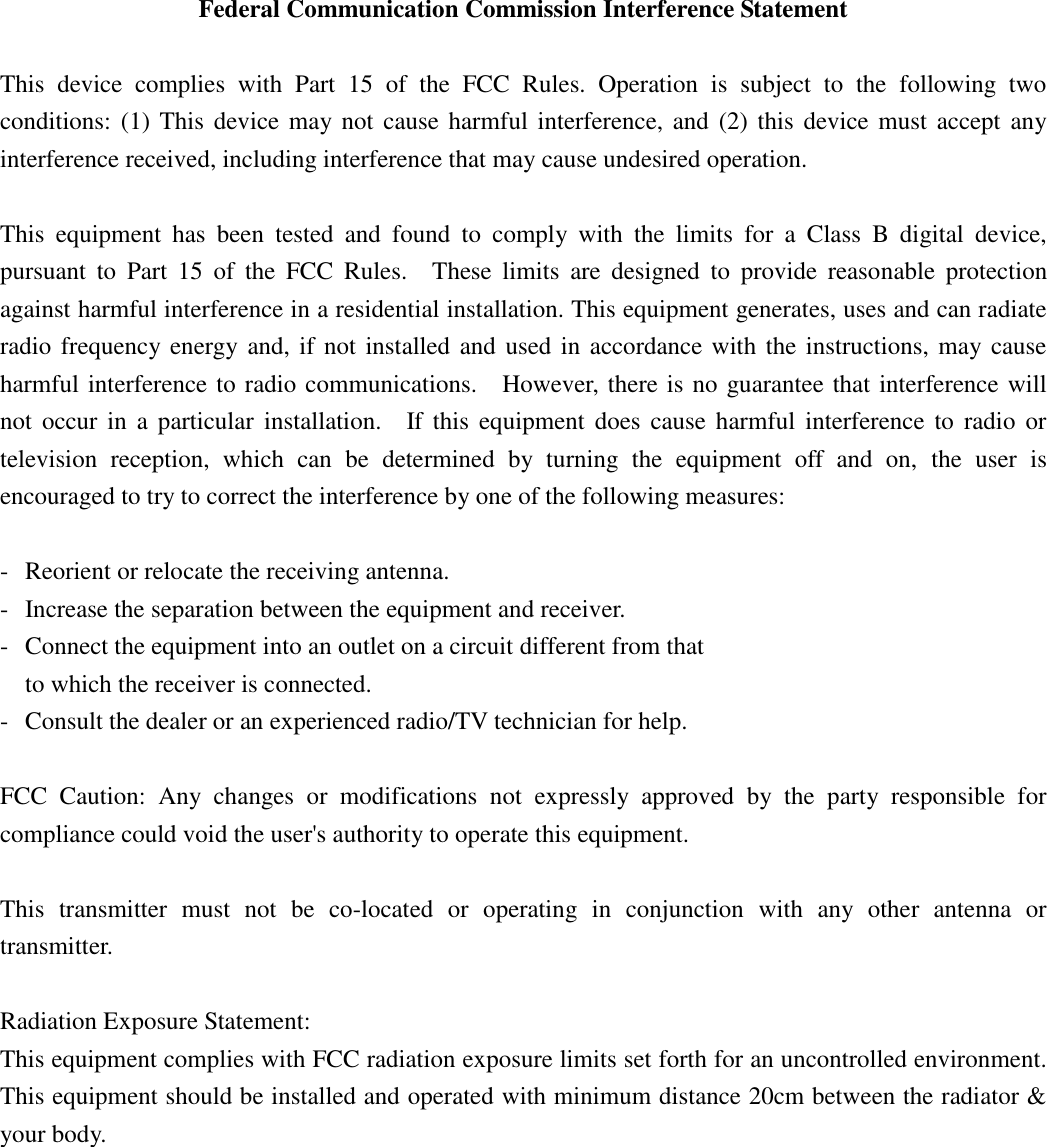 PEGATRON CAV5844 Set Top Box User Manual Statement rev