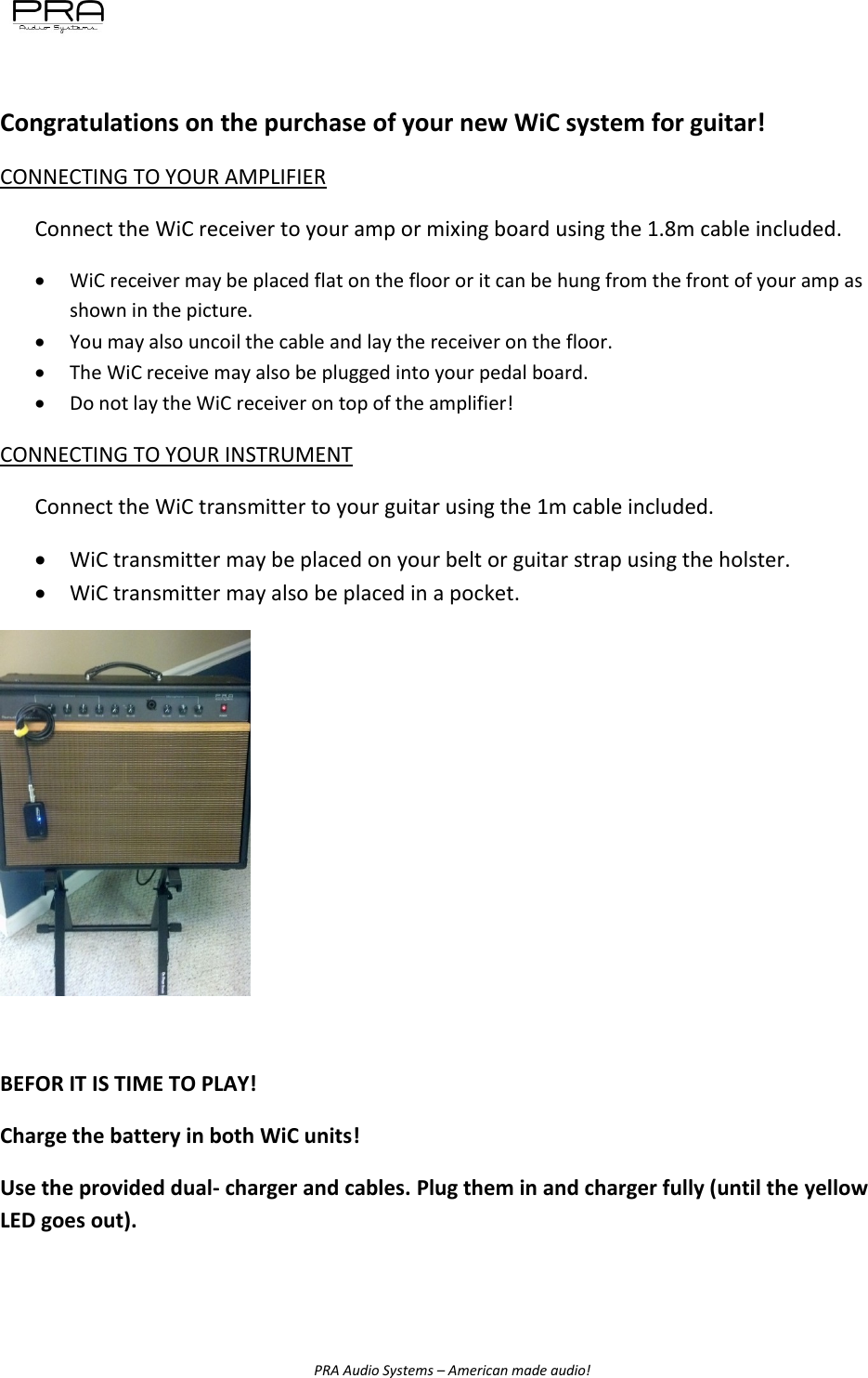 PRA Audio Systems WIC1 Wireless Audio Device User Manual